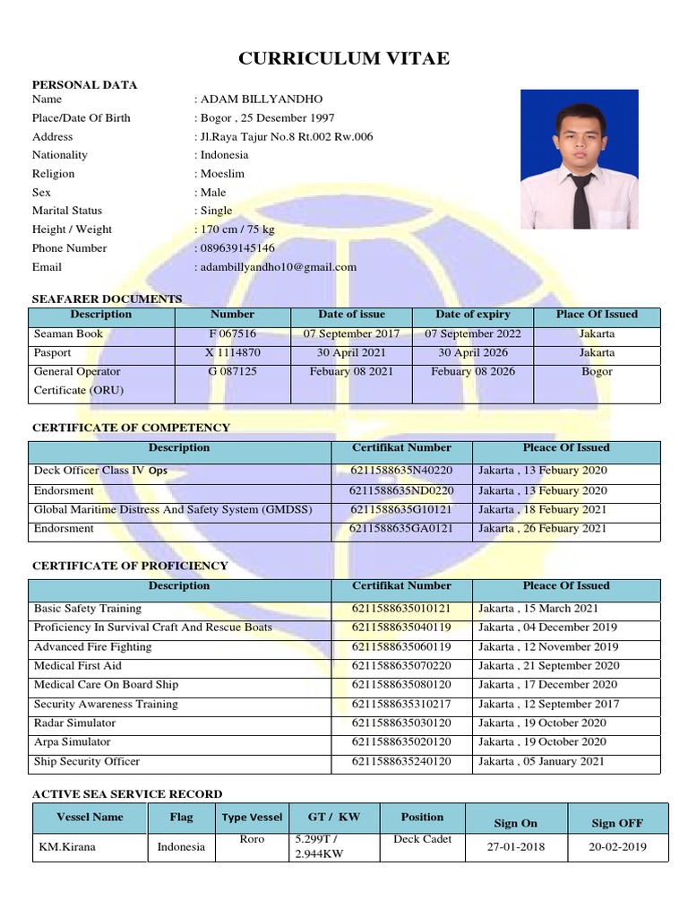 CV for Deck Officer Adam Billyandho | PDF | Watercraft | Ships
