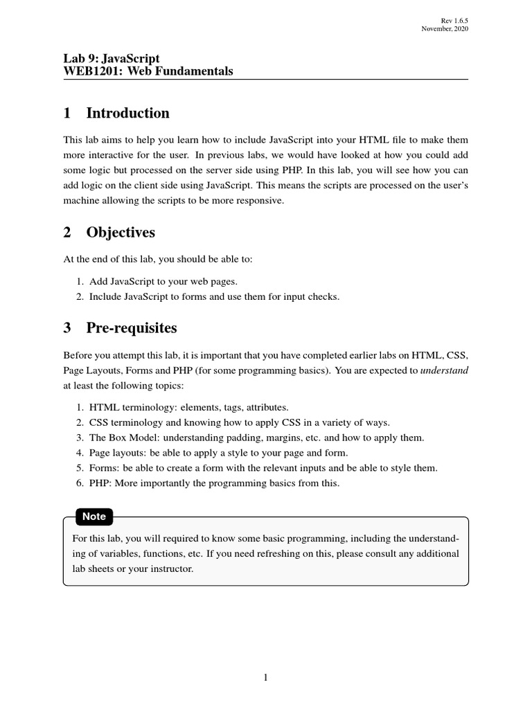 Lab 9: Javascript Web1201: Web Fundamentals: Rev 1.6.5 November, 2020 ...