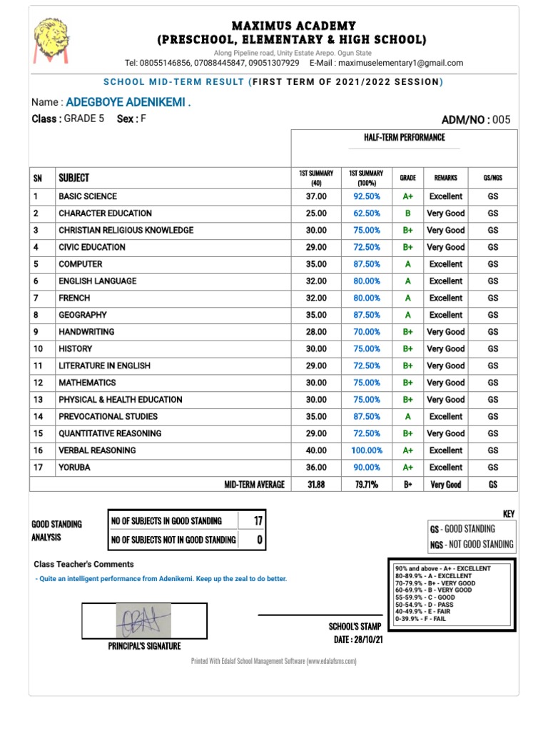 ADEGBOYE Adenikemi - FIRST TERM MID TERM 2021 - 2022 RESULT | PDF