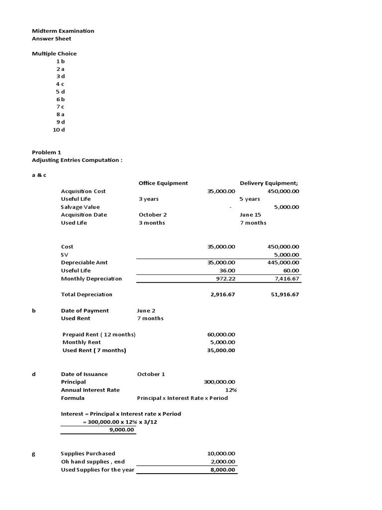Basic Accounting Midterm Answer Sheet Pdf Expense Debits And