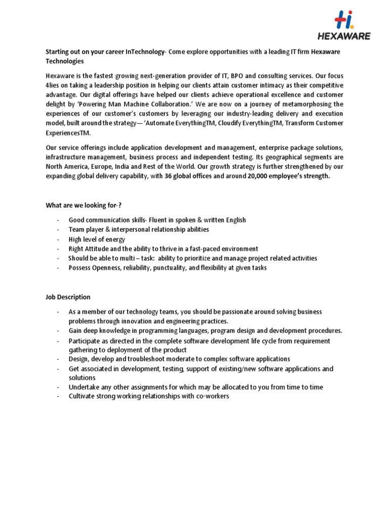 Hexaware Technologies - JD For GET | PDF | Software Development ...