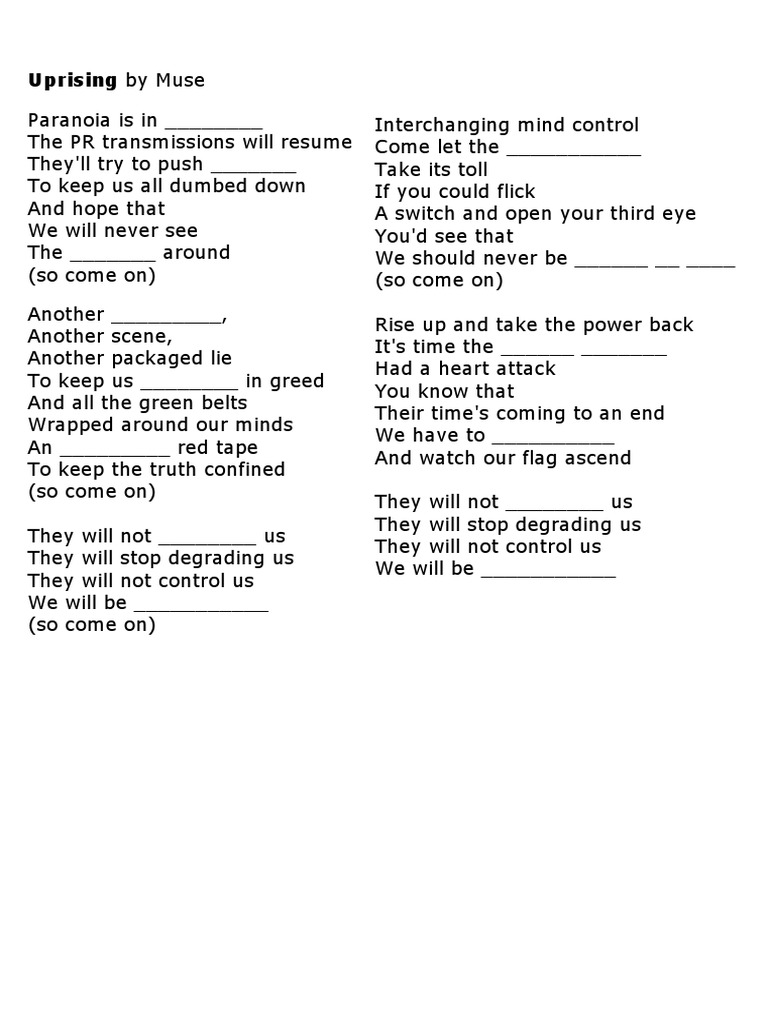 Song Worksheet Uprising by Muse | PDF | Greed | Paranoia