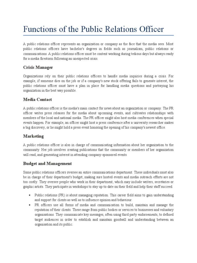 Public Relations Officer Responsibilities | PDF | Public Relations ...