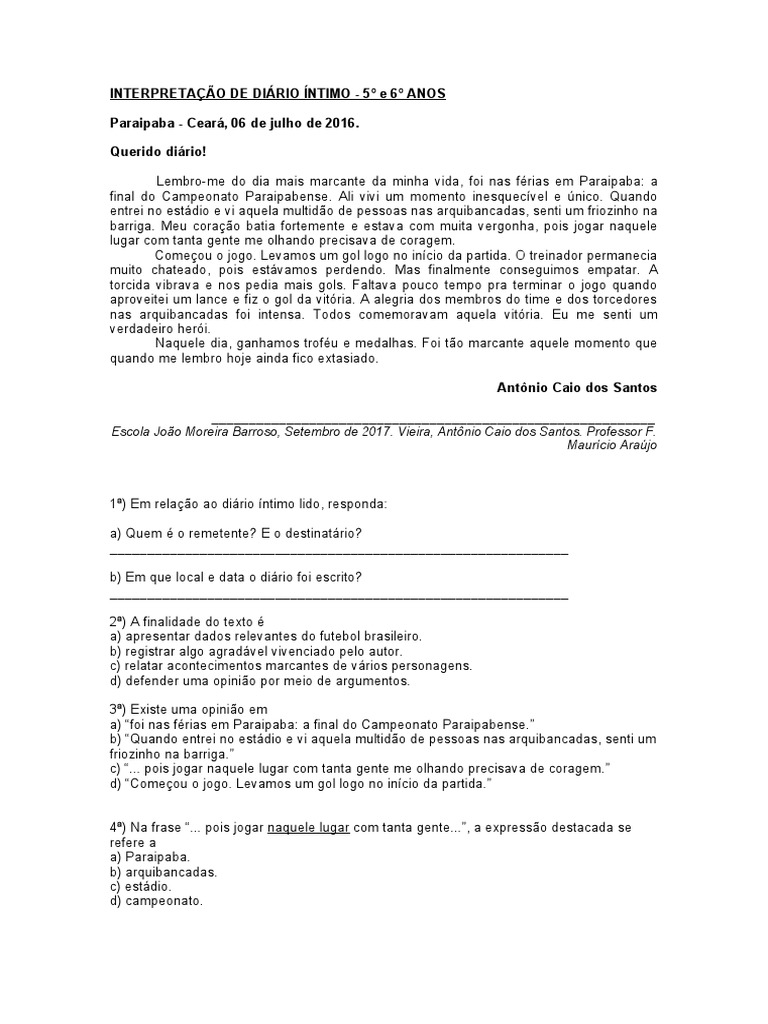 6º e 7º Anos INTERPRETAÇÃO DE DIÁRIO ÍNTIMO | PDF