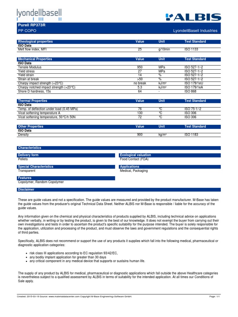 PP Copolimero - Lloyndellbasell Purell RP373R | PDF | Strength Of ...