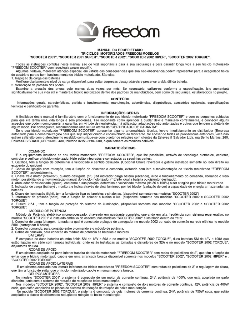 Freedom Scooter 2001 Manual Do Proprietário | Download grátis PDF | Pneu | Parafuso