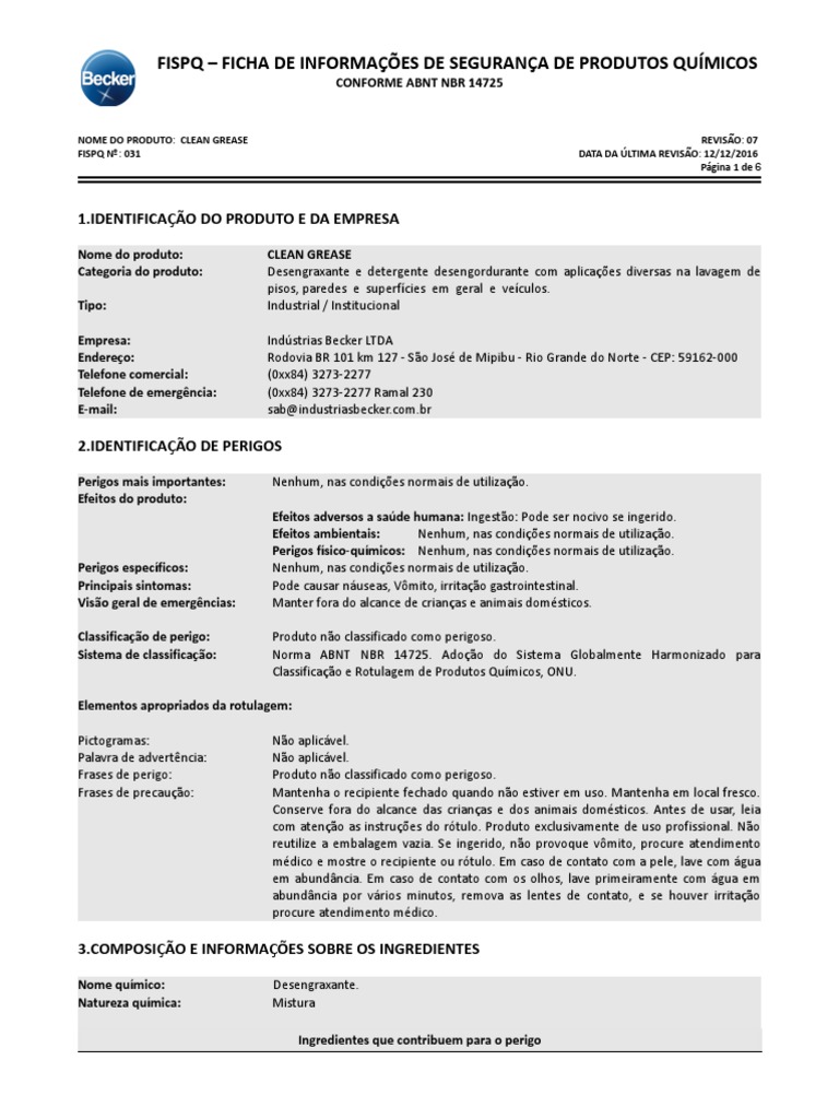 DESENG 5LT NEUTRO CLEAN GREASE BECKER Fispq | PDF | Embalagem e ...
