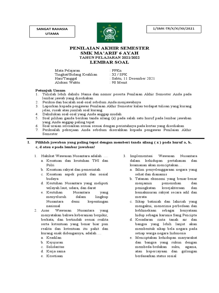 Soal Pas PPKN Kelas Xi Ta 2021-2022 Madugo | PDF