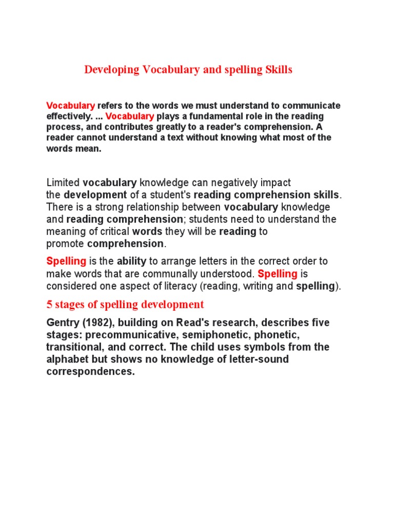 Vocabulary and Spelling Development Guide | PDF | Vocabulary | Cognition