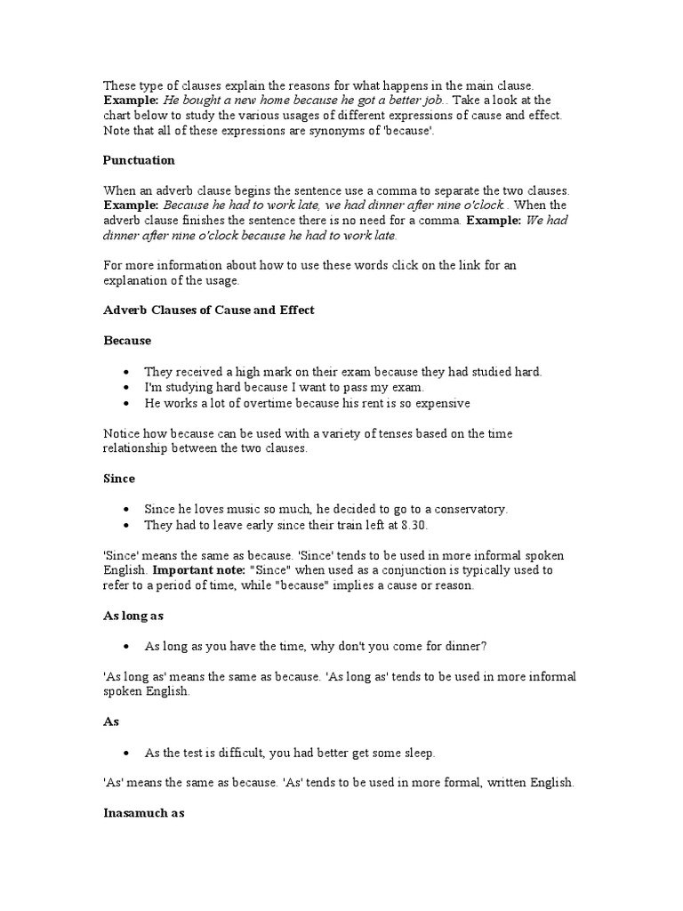 Adverb Clauses With Expressions of Cause and Effect | PDF | Comma ...