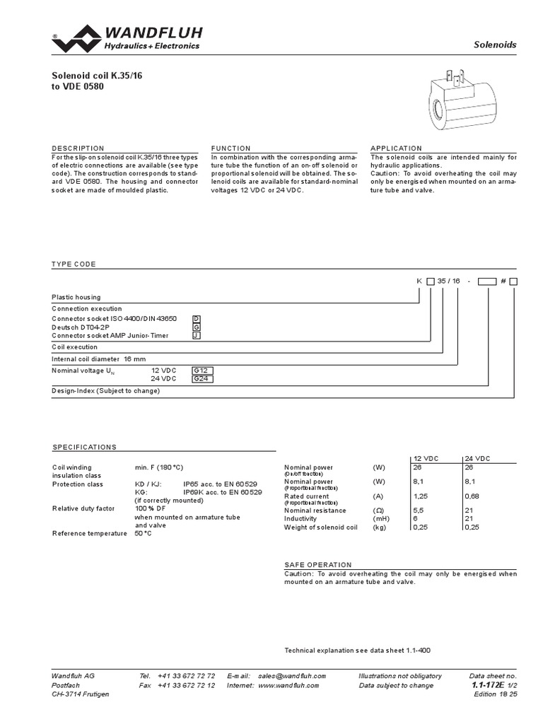 Solenoid Coil K.35/16 To VDE 0580: Description Function Application ...