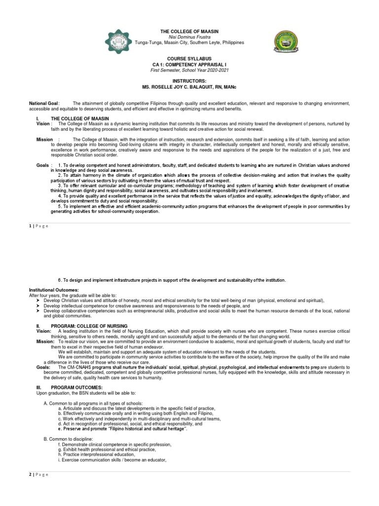 CA1 Course Syllabus (Maam Balaquit) | PDF | Childbirth | Evaluation