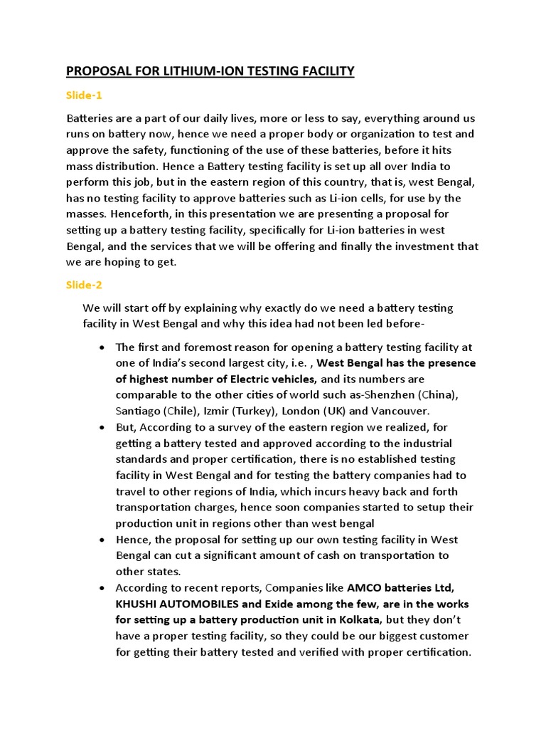 Proposal For Lithium-Ion Testing Facility: Slide-1 | PDF | Rechargeable ...