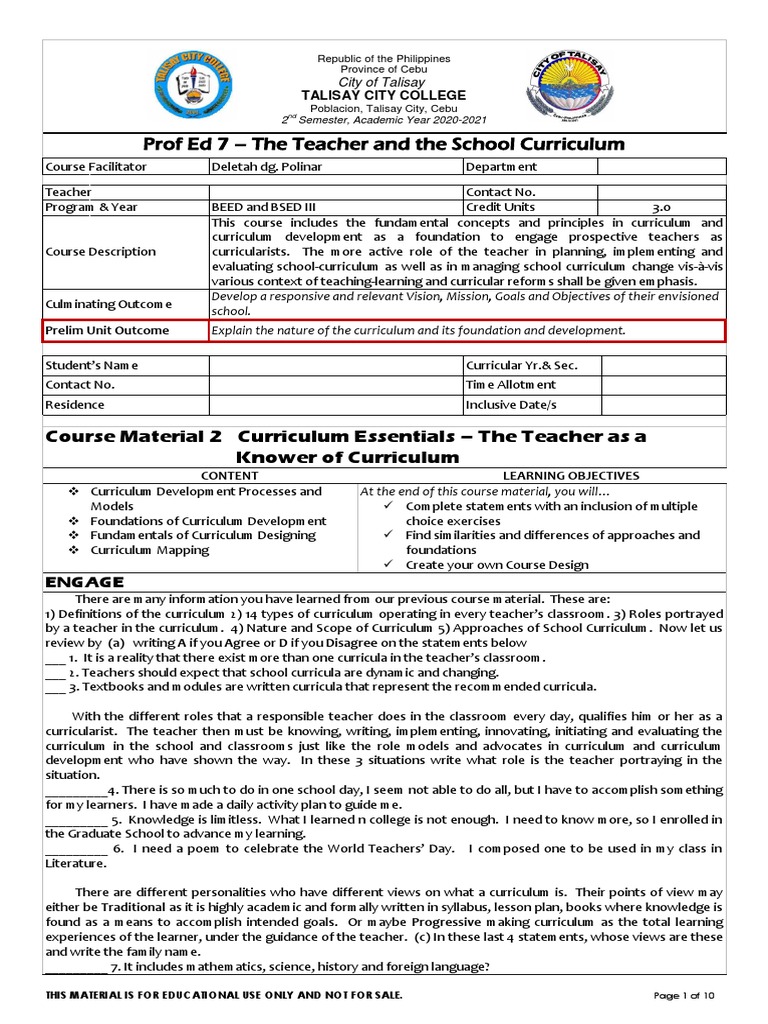 Course Material 2 in Prof Ed 7 | PDF | Curriculum | Learning