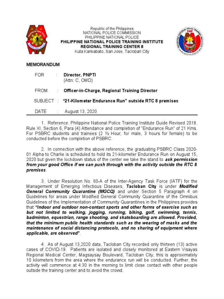 Memorandum: Philippine National Police Training Institute Regional ...