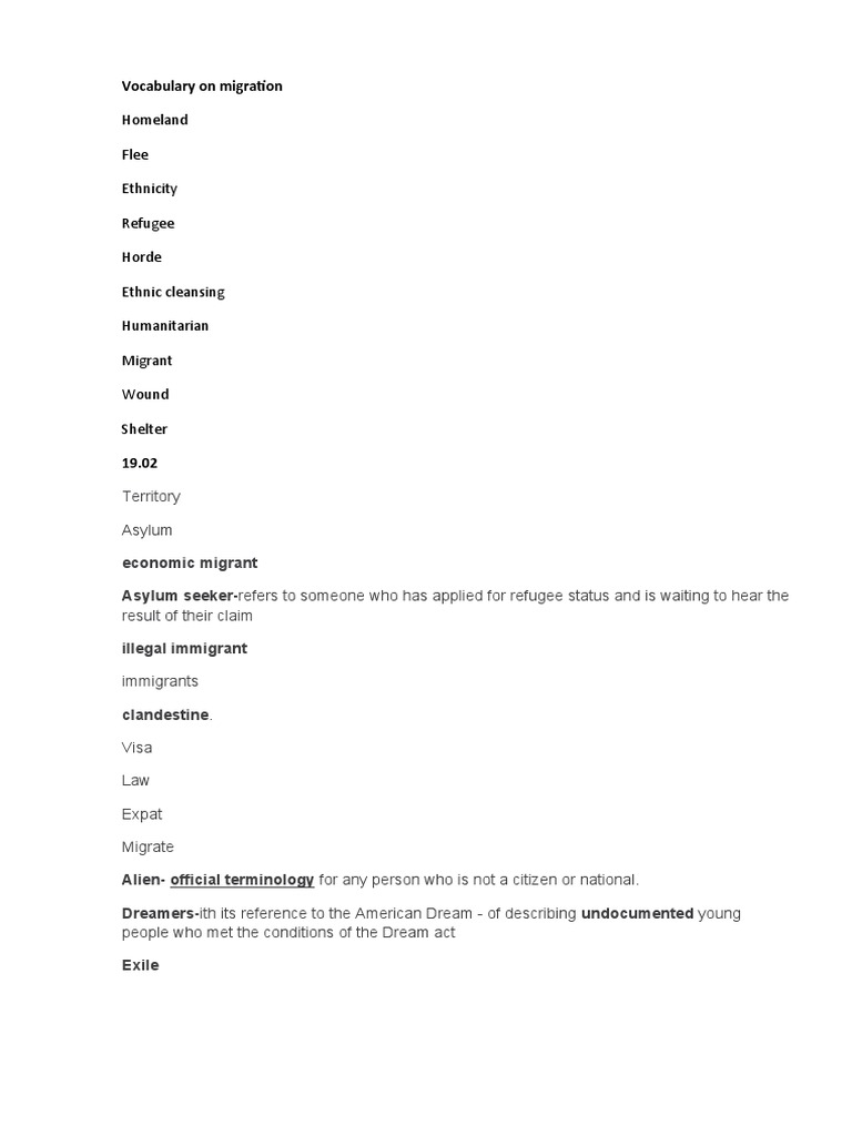 Vocabulary On Migration | PDF