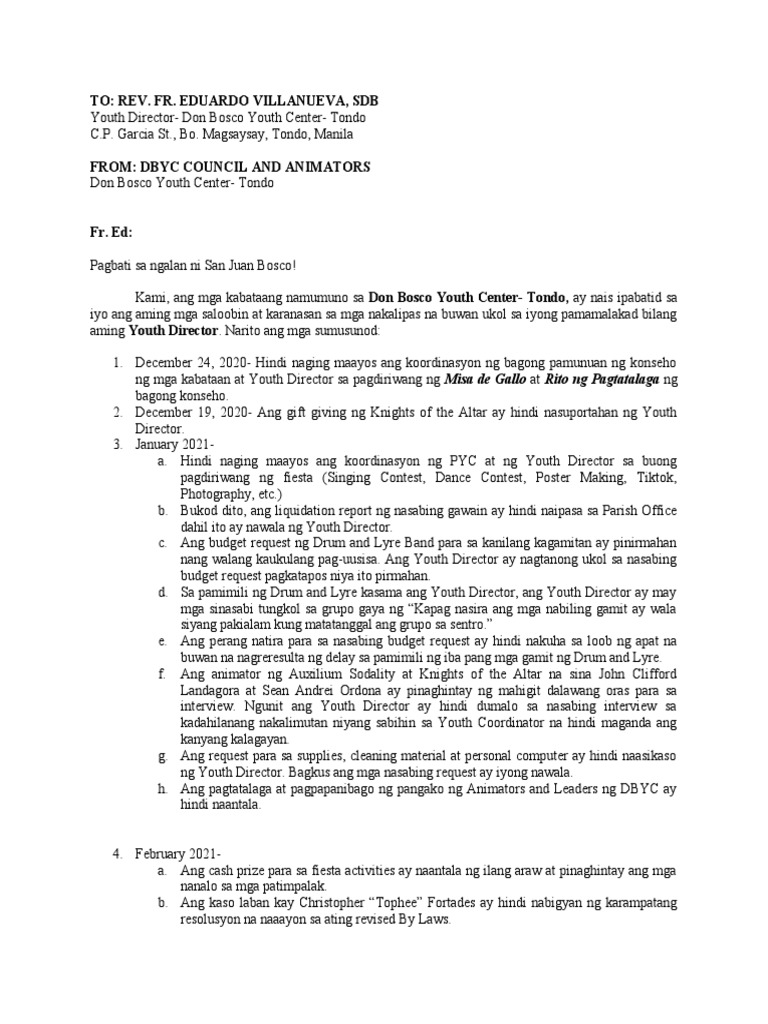 To: Rev. Fr. Eduardo Villanueva, SDB | PDF