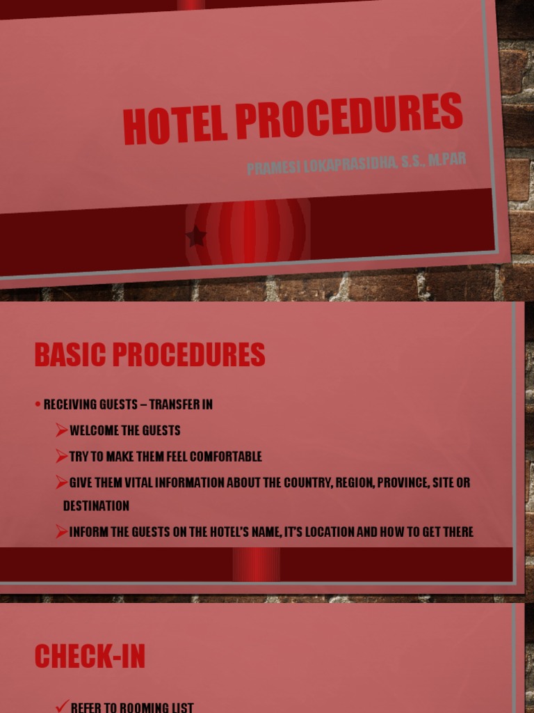 Hotel Procedures: Pramesi Lokaprasidha, S.S., M .Par | PDF