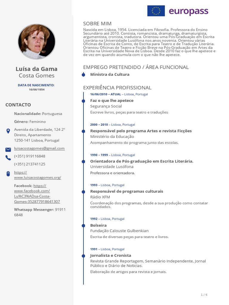 Luísa Costa Gomes CV | PDF | Portugal | Lisboa
