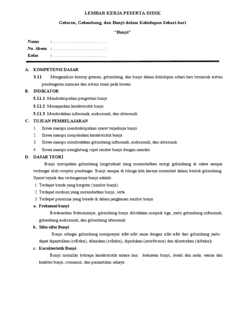 LKPD - Pertemuan 1 - Bunyi | PDF