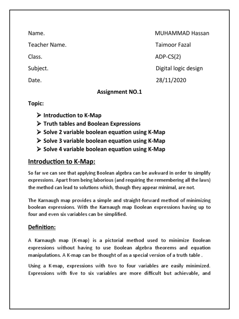 Hassan Assignment 1 DLD | PDF | Teaching Mathematics | Boolean Algebra