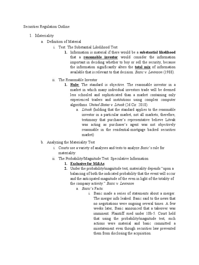 Securities Regulation Outline | PDF | Securities (Finance) | Sec Rule 10b 5