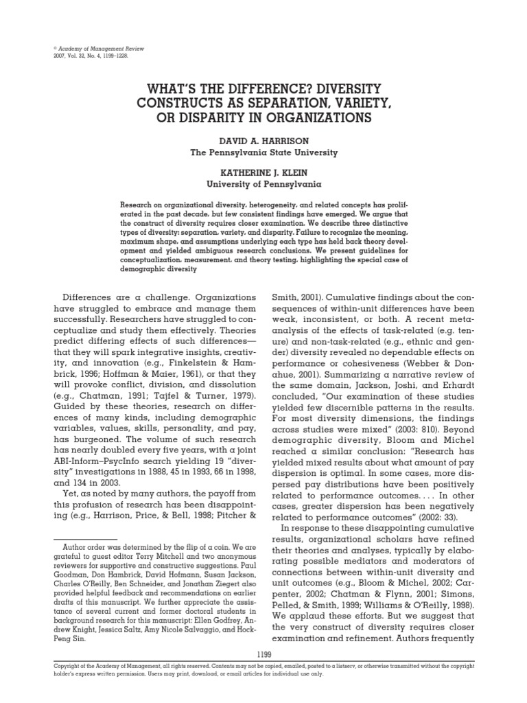 Harrison & Klein 2007 AMR Diversity Theories & Approaches | PDF ...