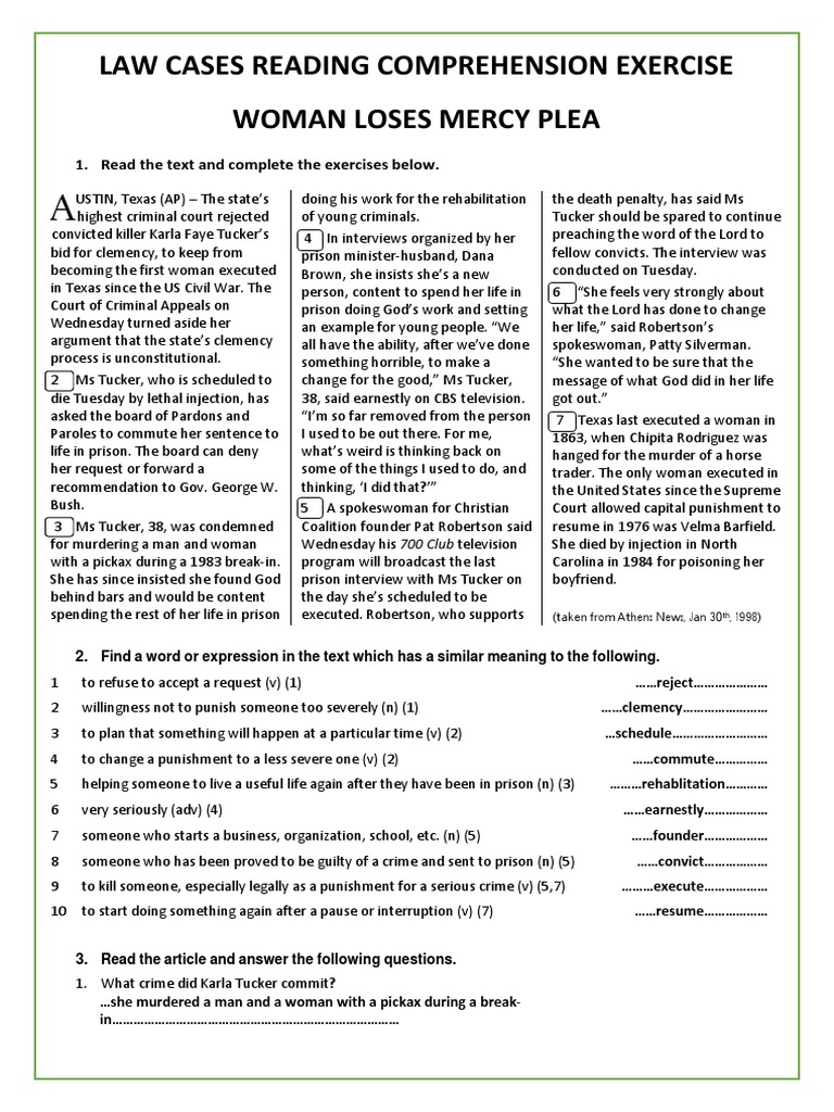 Law Cases Reading Comprehension Exercise | PDF | Pardon | Life Imprisonment