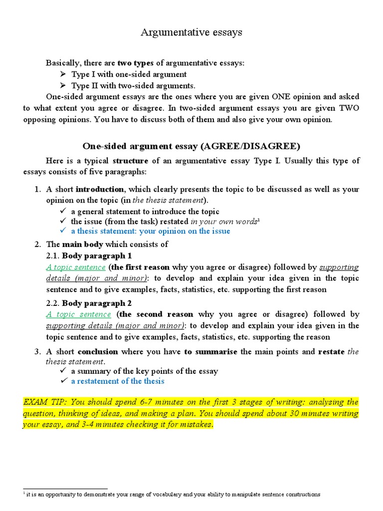 Argumentative Essays: One-Sided Argument Essay (AGREE/DISAGREE ...