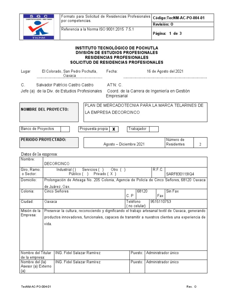 TecNM-AC-PO-004-01 Solicitud de Residencia. | PDF | Crecimiento personal y profesional | Negocios