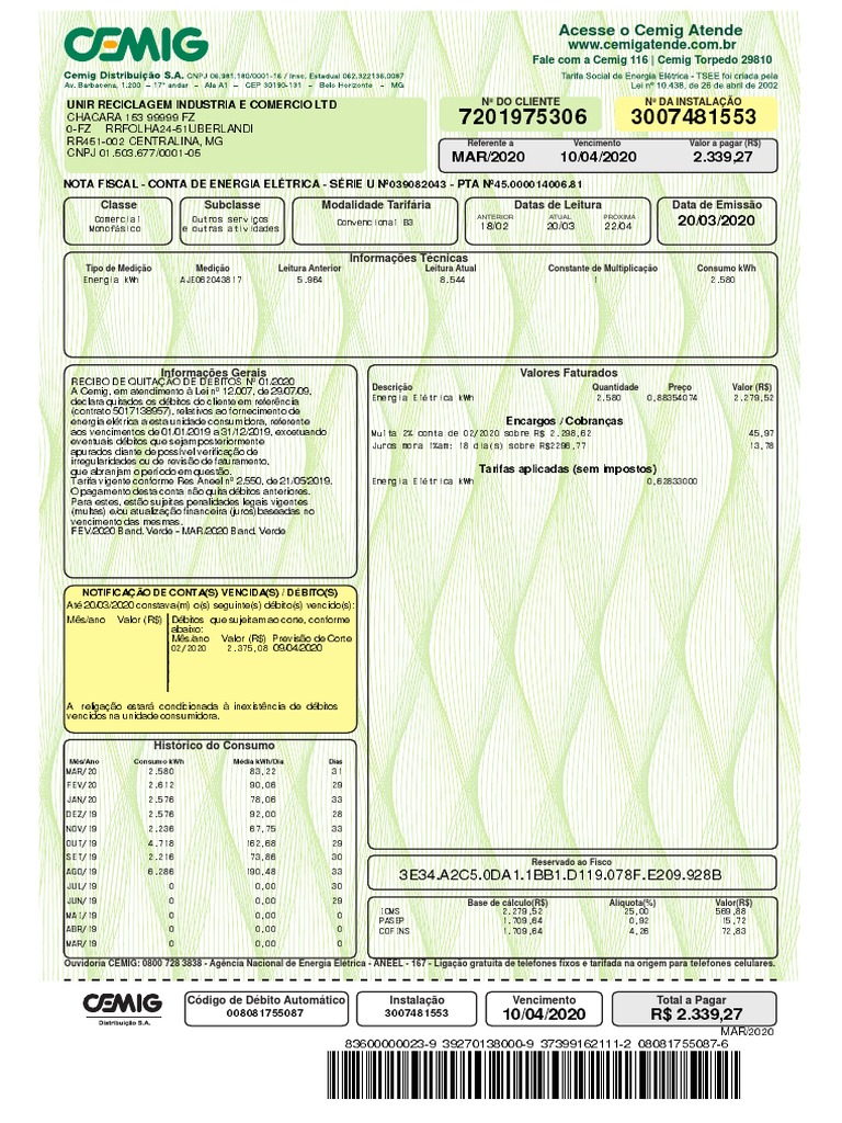 Fatura Cemig Mes 04 | PDF | Economias
