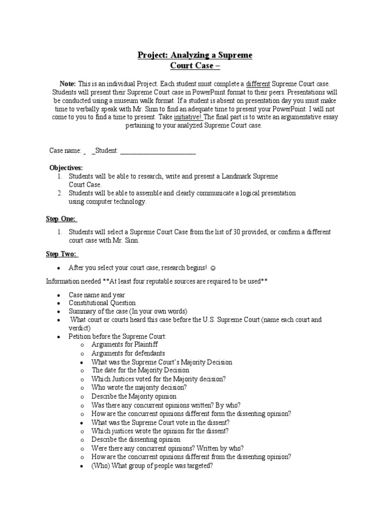 Supreme Court Case Project Rubric | PDF | Supreme Court Of The United ...