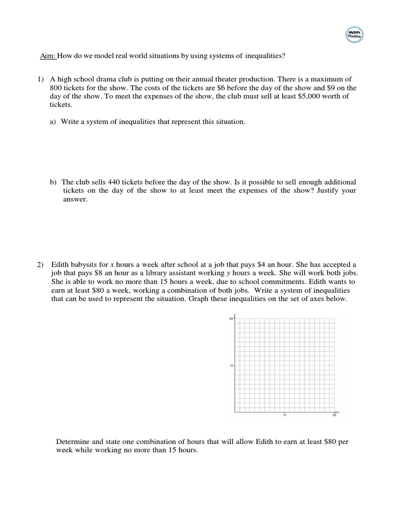 Real World Systems of Inequalities Worksheet | PDF