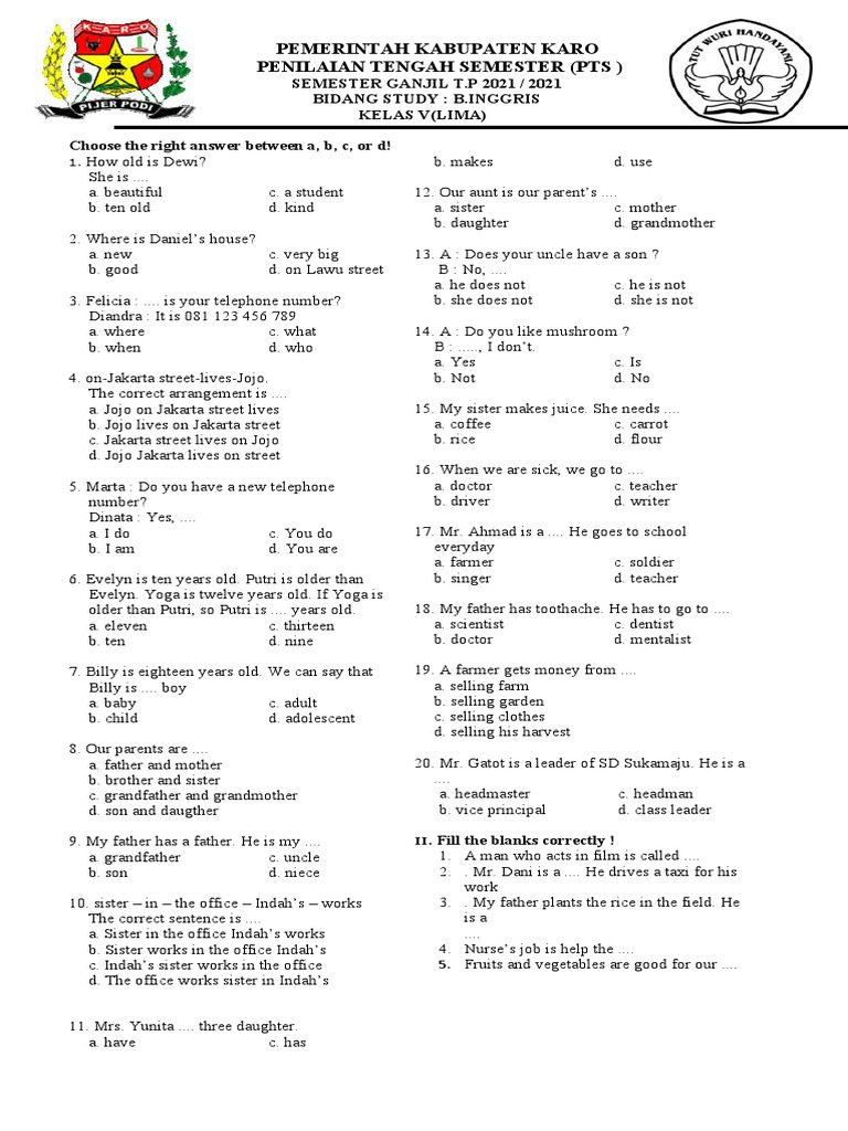 PTS English Exam for Grade 5 Karo | PDF | Living Arrangements | Family