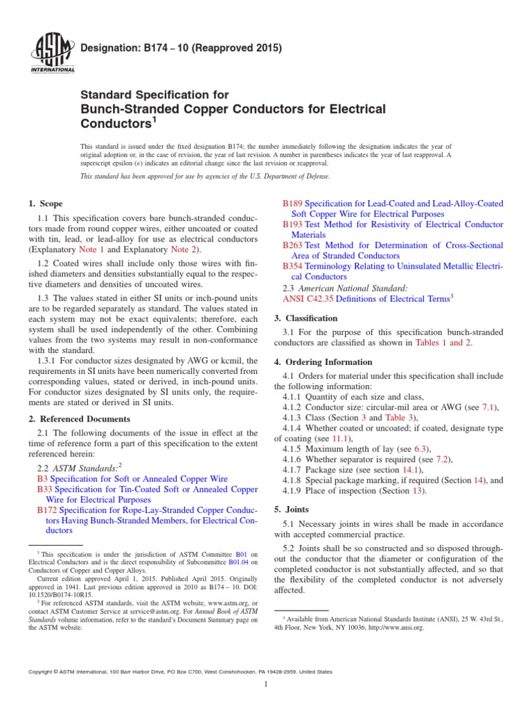 B174!10!2015 Standard Specification For Bunch Stranded Copper ...