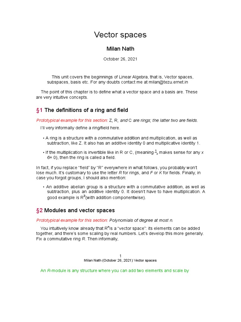 Linear Algebra Basics | PDF | Basis (Linear Algebra) | Linear Subspace