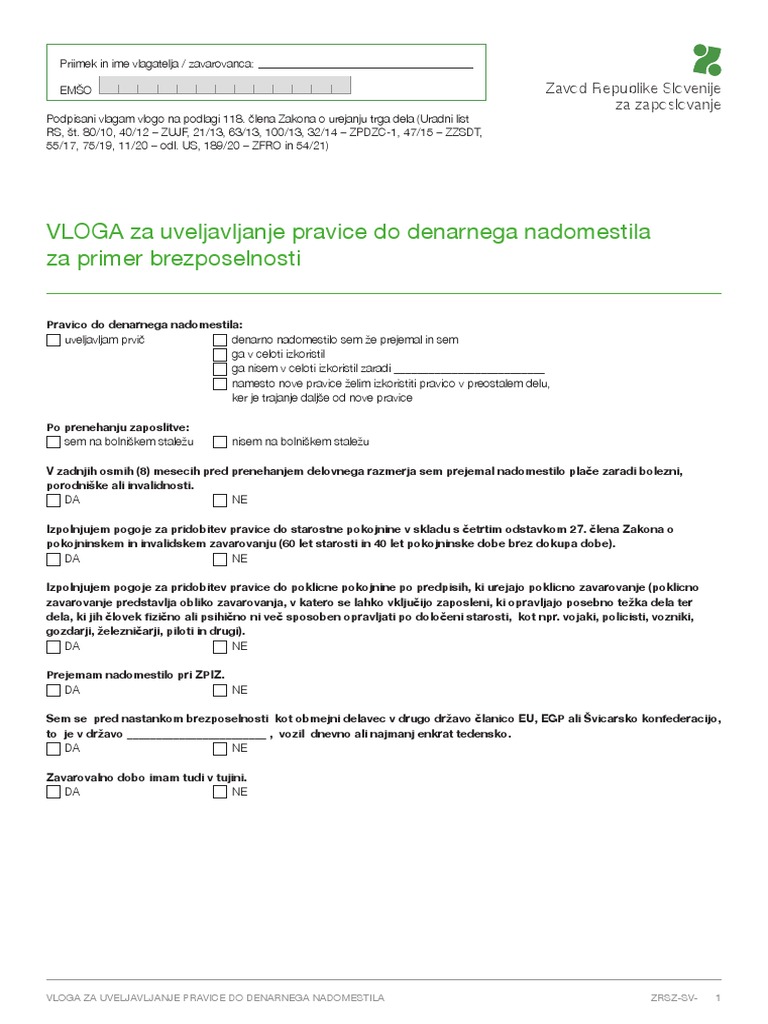 ZRSZ Vloga Za Denarno Nadomestilo | PDF