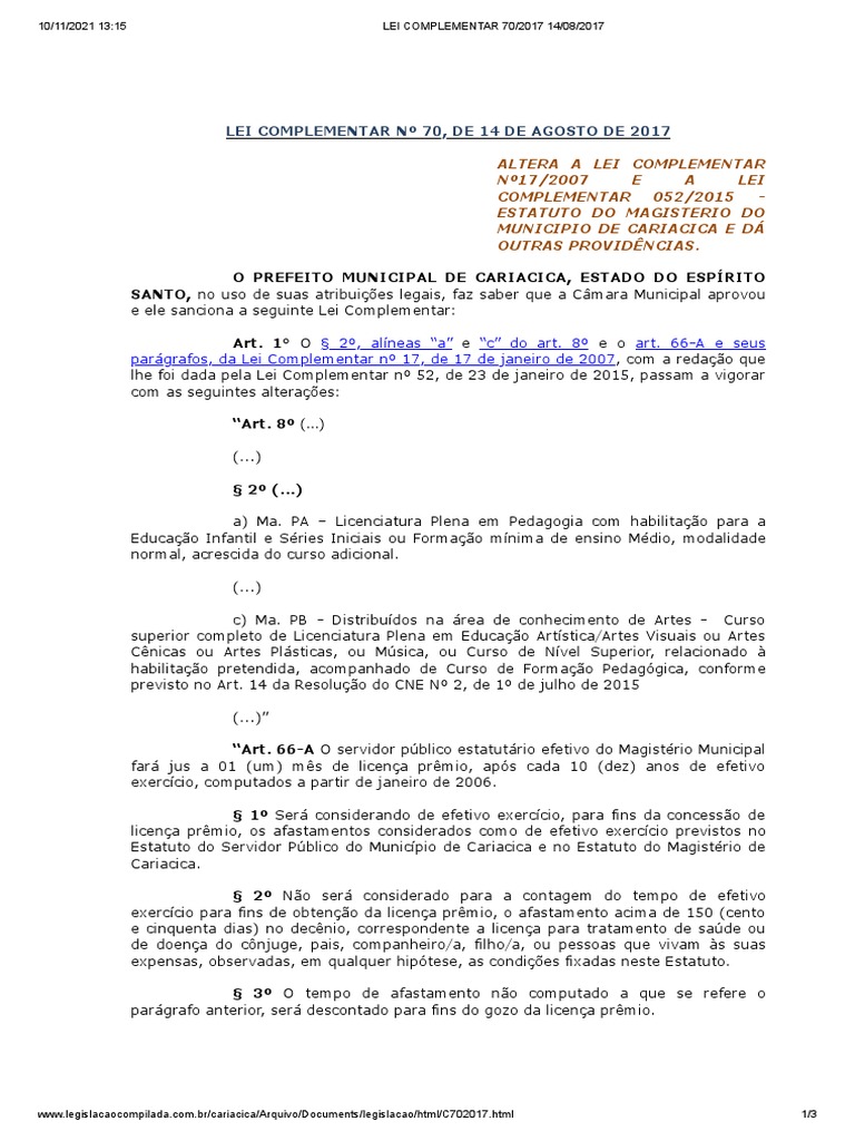 Lei Complementar 70 - 2017 14-08-2017 Cariacica | PDF