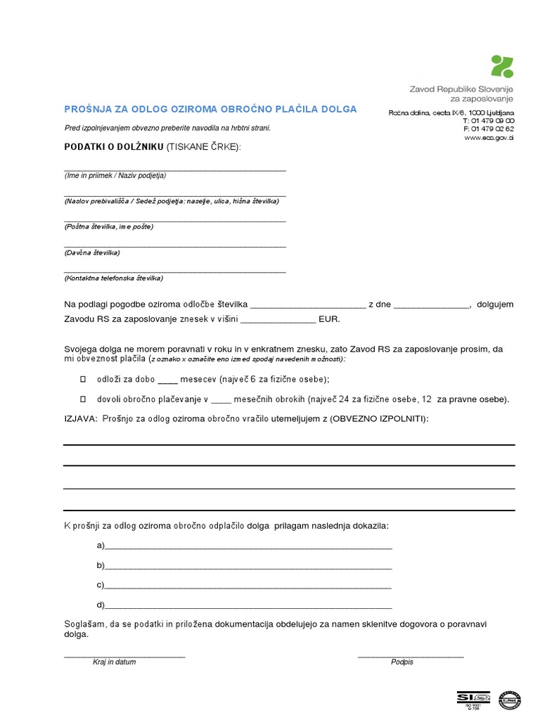 Obrazec Prosnja Odlog Obrocno Placilo Dolga | PDF