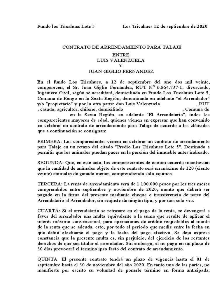 Contrato Talaje Lote 5 Los Tricahues | Descargar gratis PDF | Justicia ...