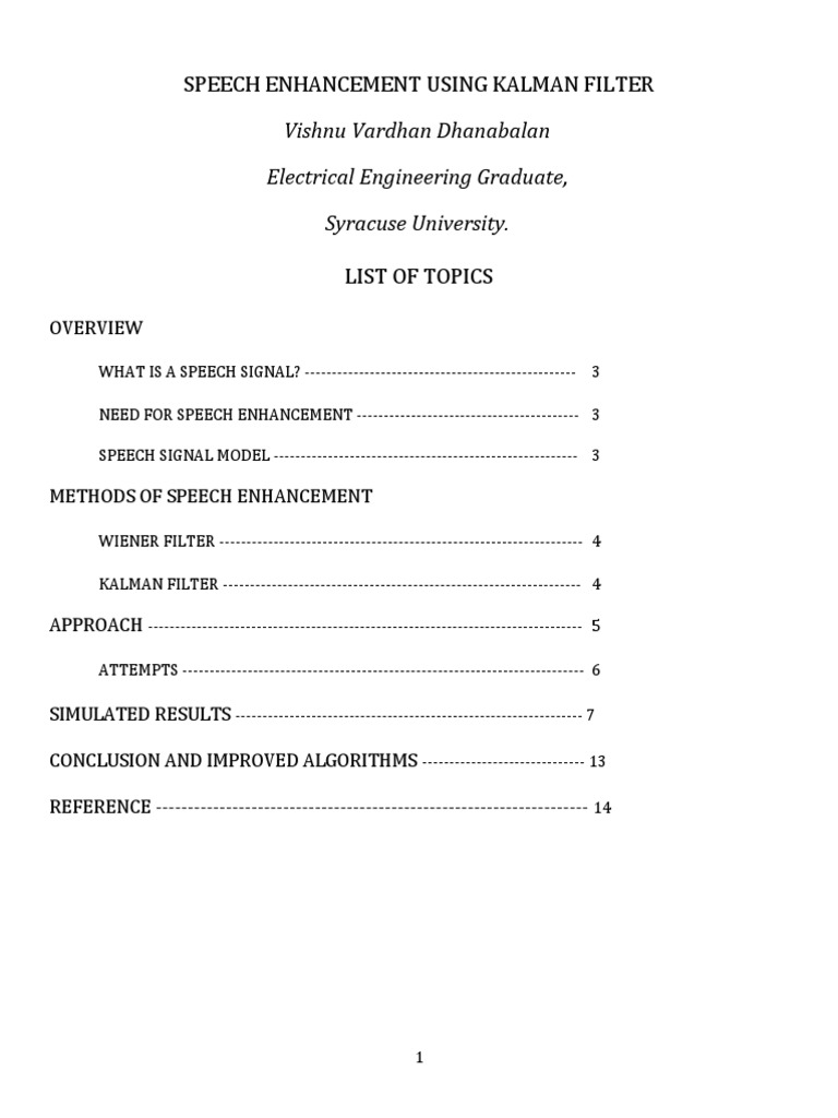 Speech Enhancement Using Kalman Filter | PDF | Kalman Filter | Filter (Signal Processing)