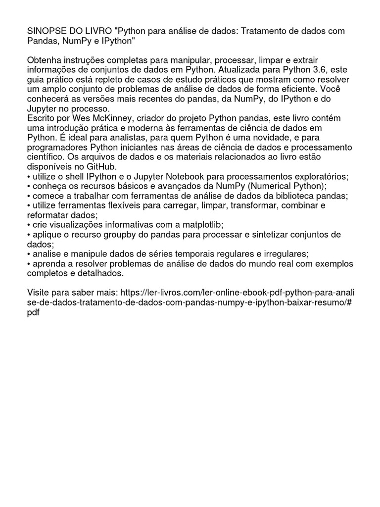 Python para Análise de Dados - Tratamento de Dados Com Pandas, NumPy e IPython | PDF