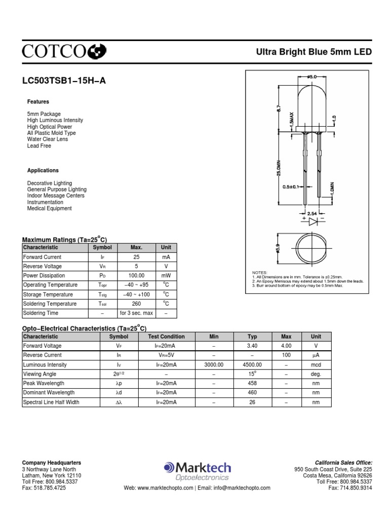 Ultra Bright Blue 5mm LED: Features | PDF | Electromagnetic Radiation ...