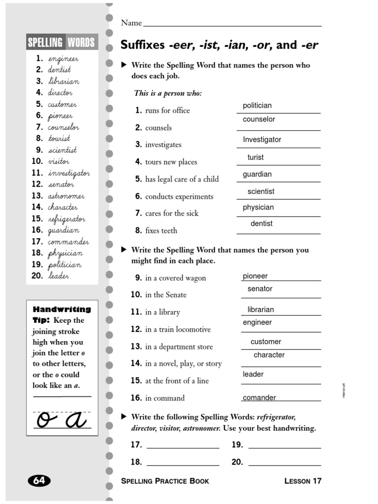 Spelling Words: Suffixes - Eer, - Ist, - Ian, - Or, and - Er | PDF