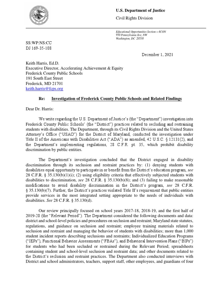 DOJ Letter To Frederick County Public Schools | PDF | Individualized ...