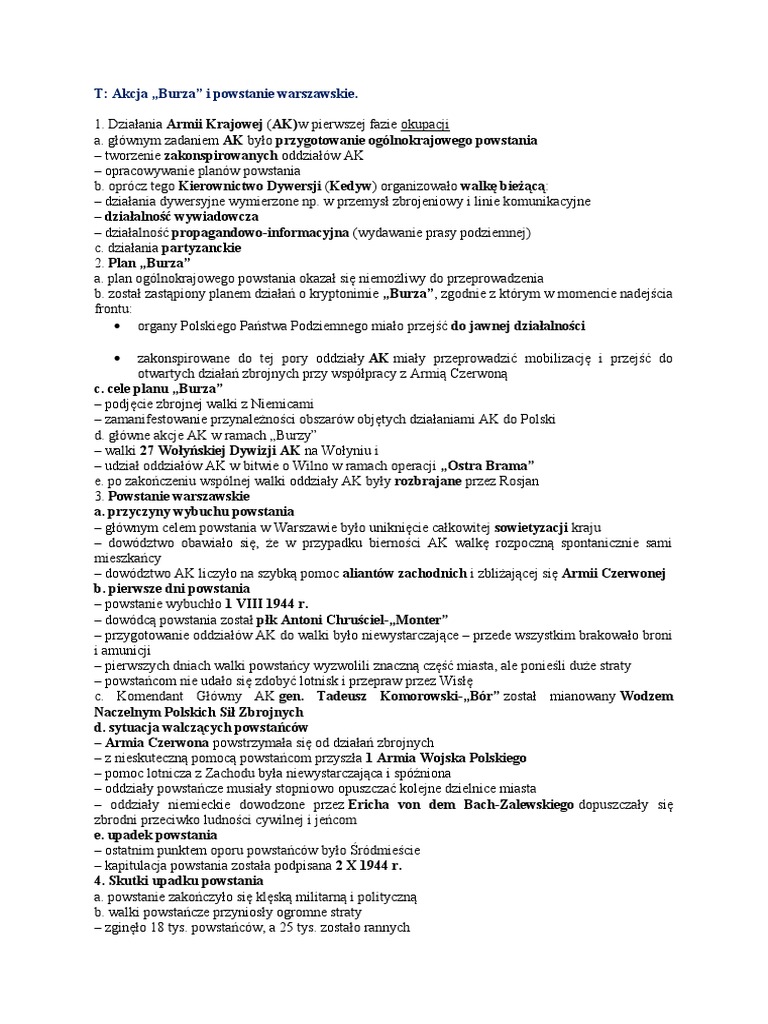 Akcja Burza I Powstanie Warszawskie | PDF