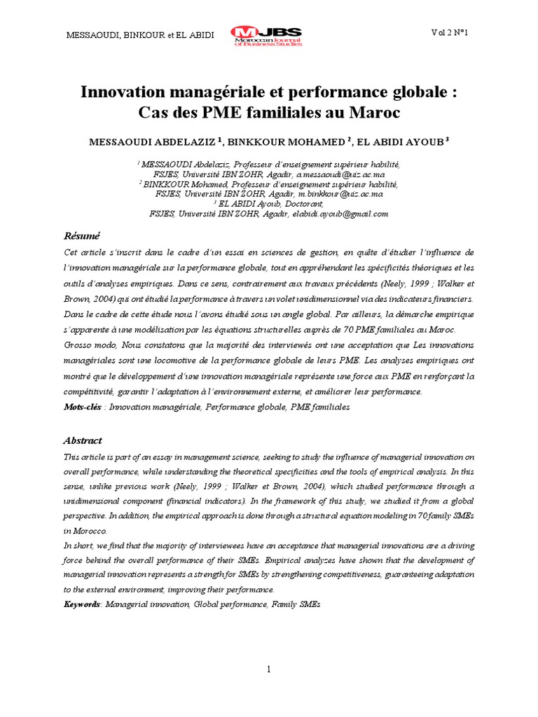 Innovation Managériale Et Performance Globale - Cas Des PME Familiales Au Maroc | PDF ...
