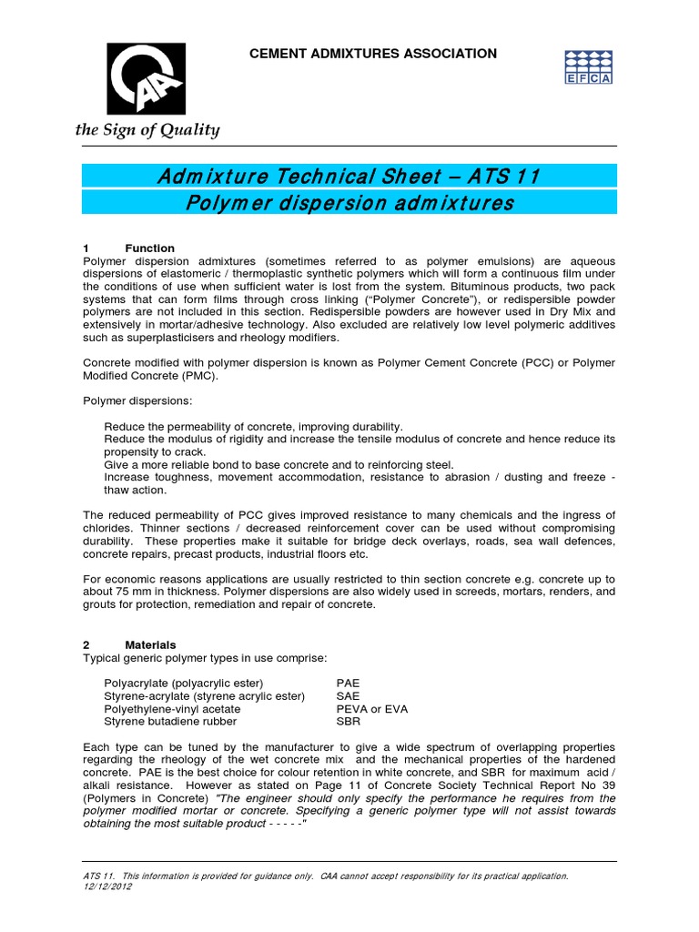 Admixture Technical Sheet - ATS 11 Polymer Dispersion Admixtures | PDF ...