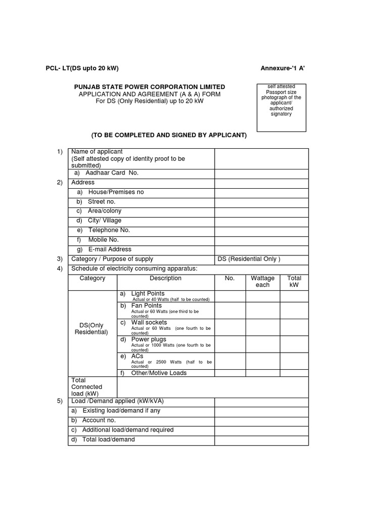 PSPCL A&A Form for New Connections | PDF | Ac Power Plugs And Sockets ...
