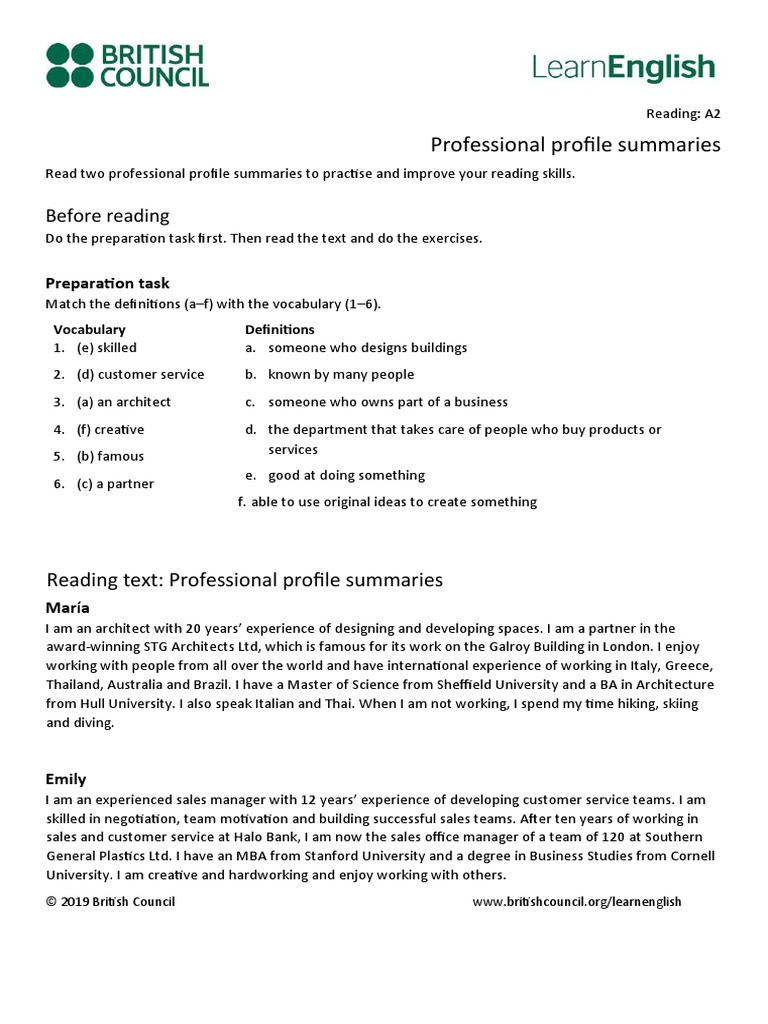LearnEnglish-Reading-A2-Professional-profile-summaries-1-2 (1) Arelys ...